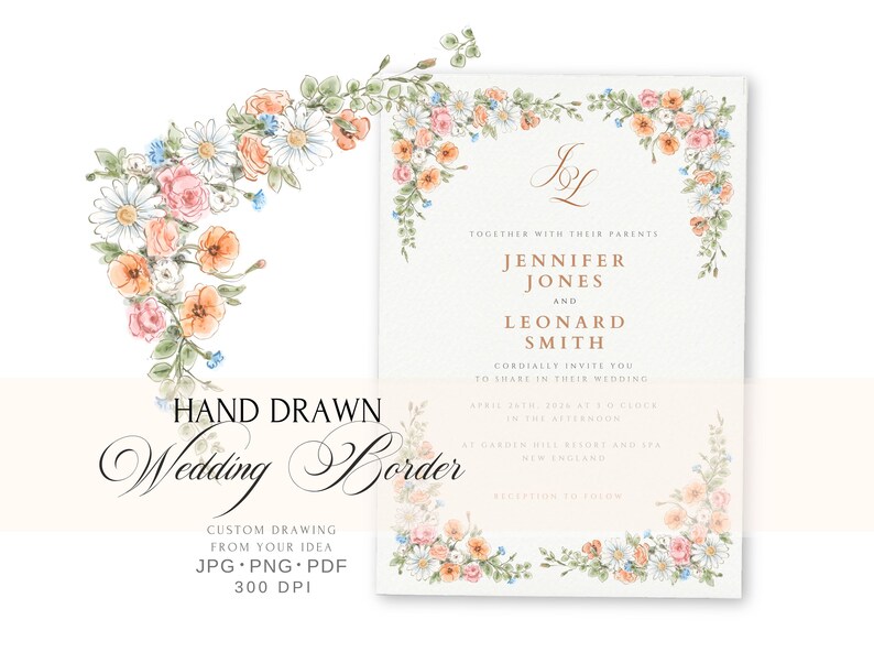 Wedding Invitation Border, Floral Border Png, Wildflower Hand Drawn ...
