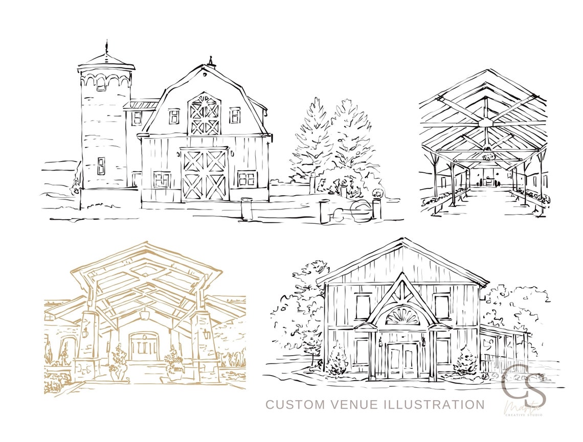 Barn Wedding Venue Illustration, Custom Venue Sketch From Photo ...
