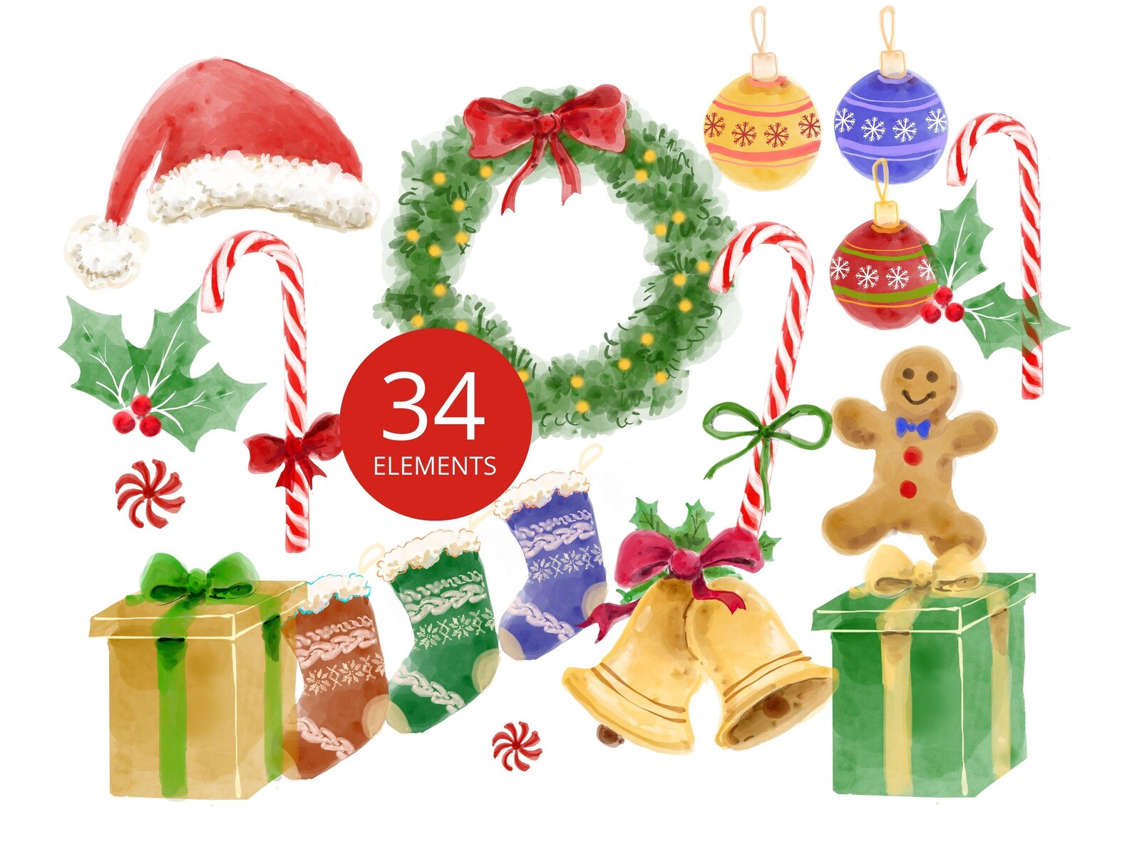Christmas Clipart Set, Watercolor Christmas PNG Graphics Bundle - Etsy