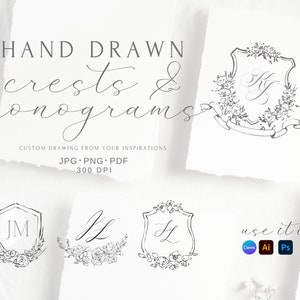 Monogram Wedding Crest, Custom Wedding Logo, Hand Drawn Floral Monogram ...