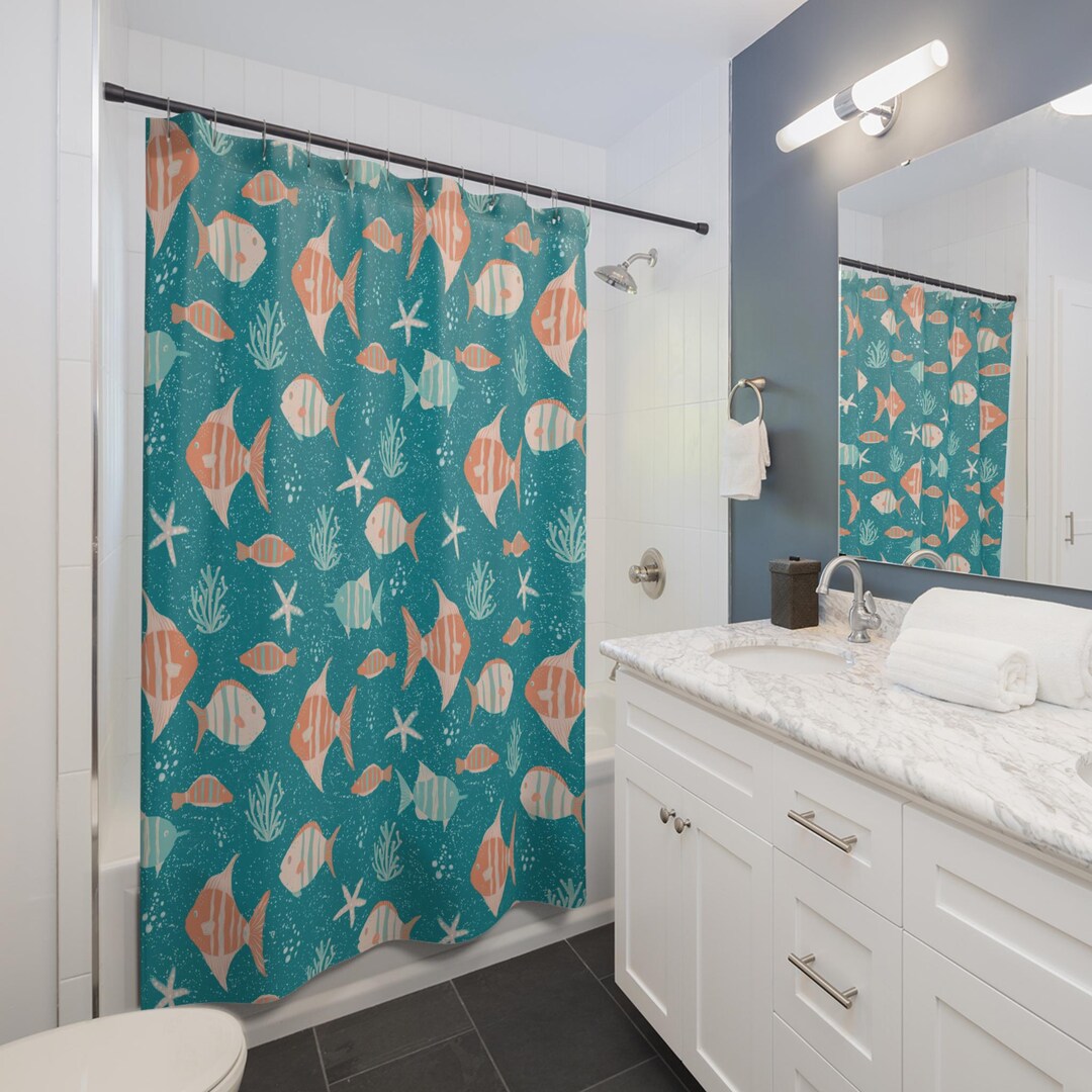 Colorful Fish Ocean Life Shower Curtain: Coastal Starfish and Coral ...