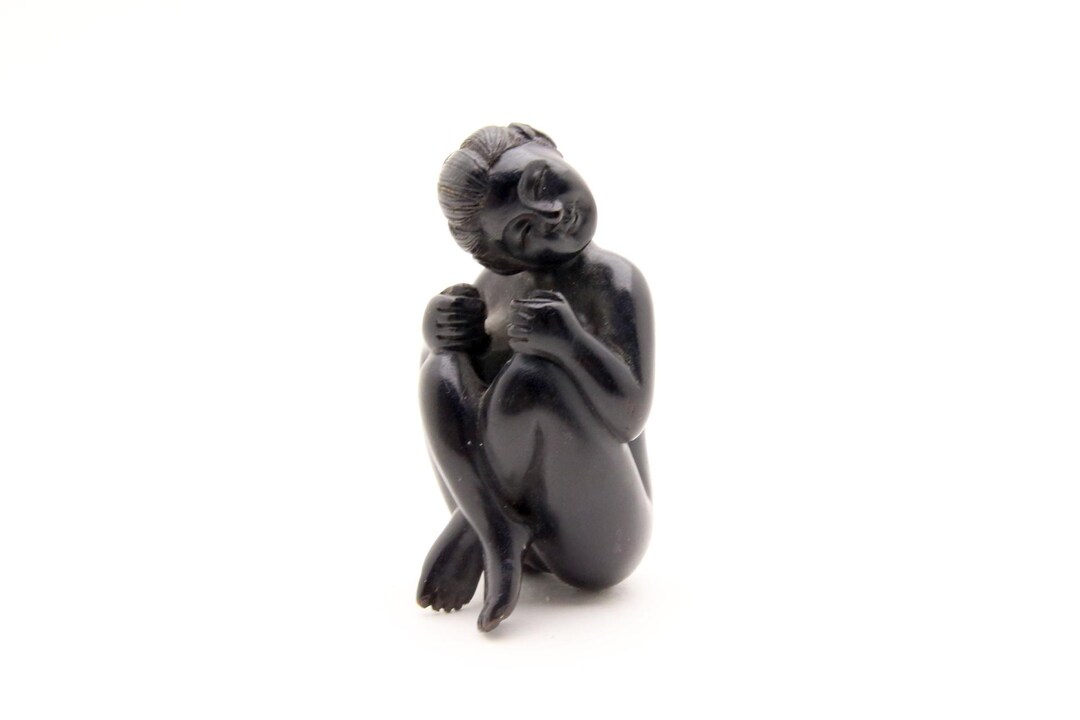 Japanese Shunga Okimono With Seated Nude Woman In Carved Ebony Signed