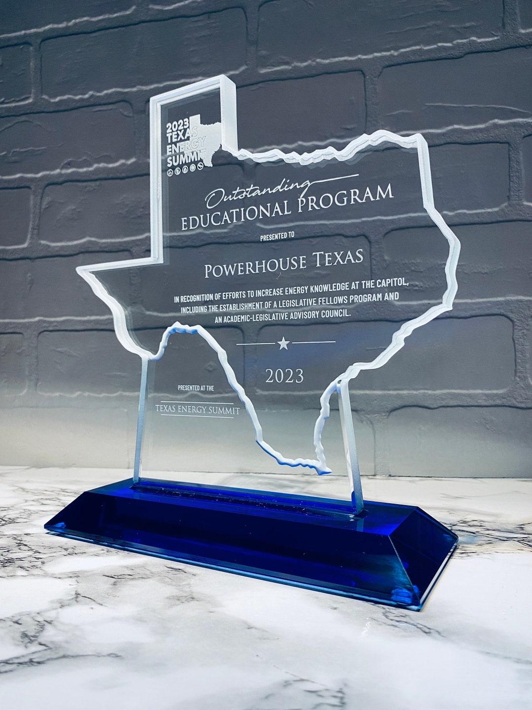 Custom Texas Shaped Starfire Glass Award With Glass Base Made to Order ...