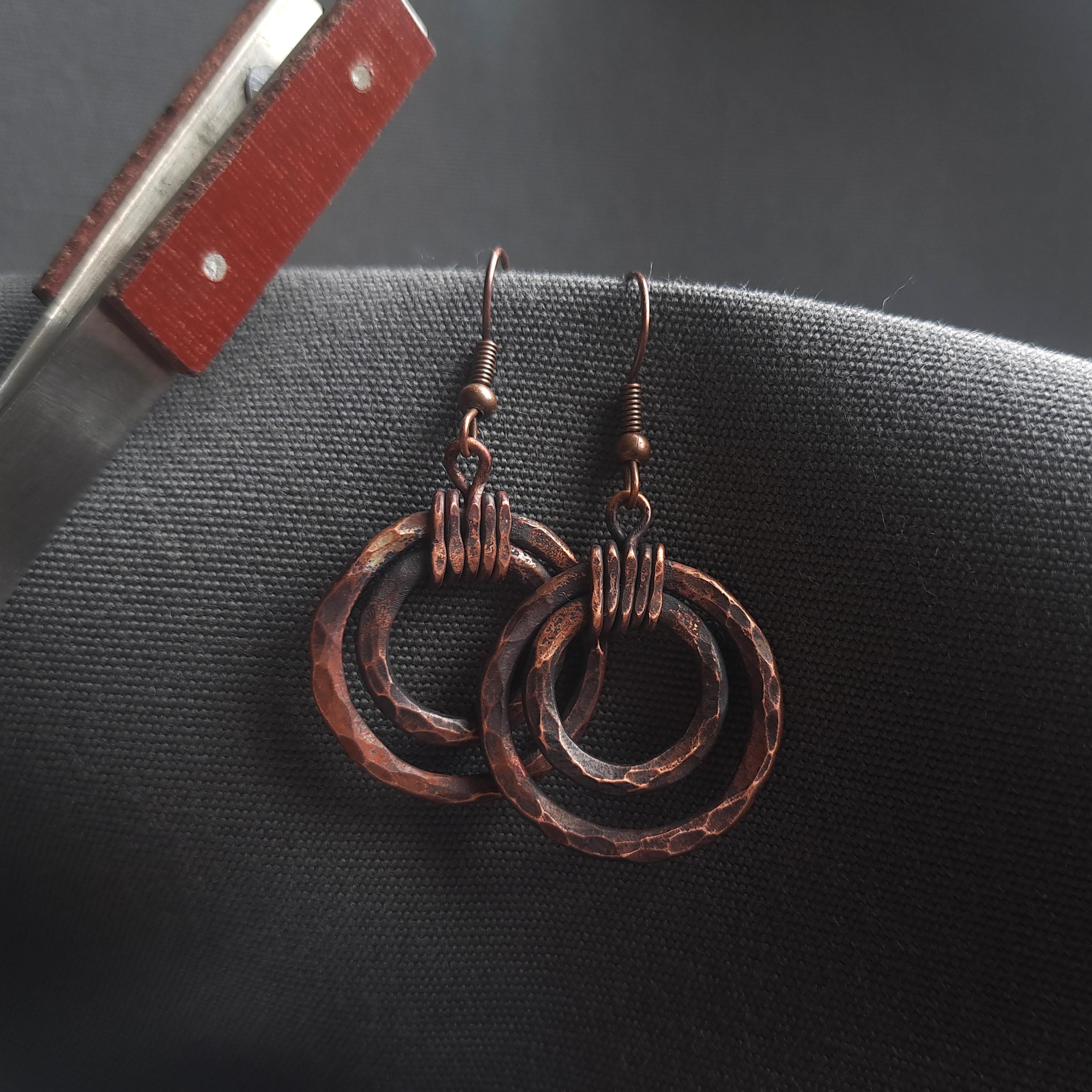 Handmade Rustic Copper Earrings With Hammered Rings and Coiled Wire ...