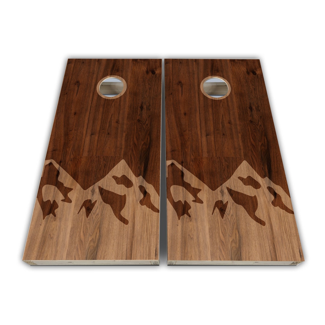 Stained Wood Mountains Cornhole Wraps - Cornhole Wraps - Cornhole Skins ...