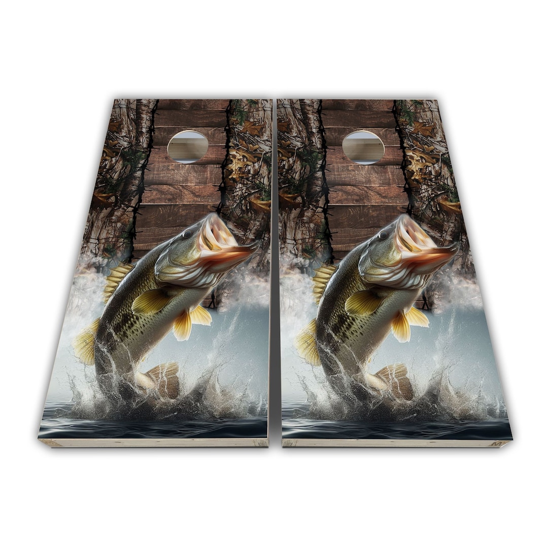 Camo Fishing Jumping Bass Cornhole Wraps - Cornhole Wraps - Cornhole ...