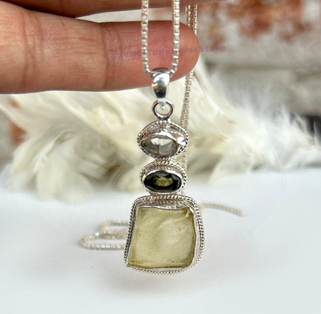 Natural Raw Moldavite and Libyan Desert Glass Pendant, Genuine ...