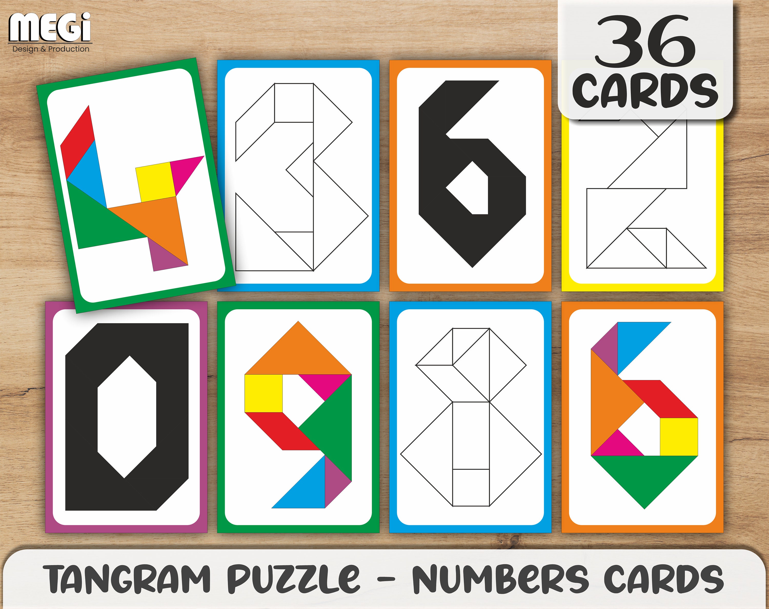 Tangram Numbers Puzzle Cards 36 Cards & Free Tangram Pattern | Etsy