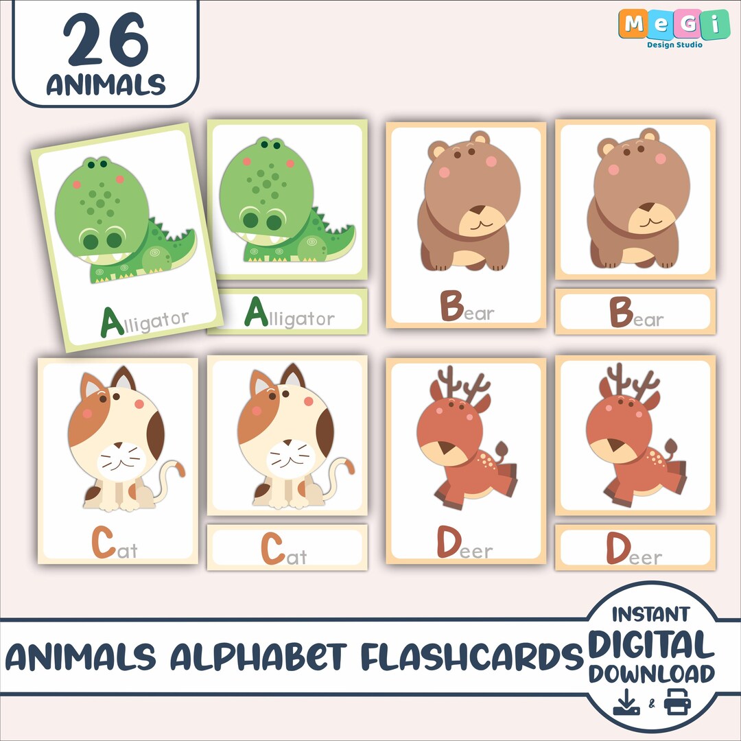 Animals Alphabet Flashcards - A to Z Animal Three-part Cards ...