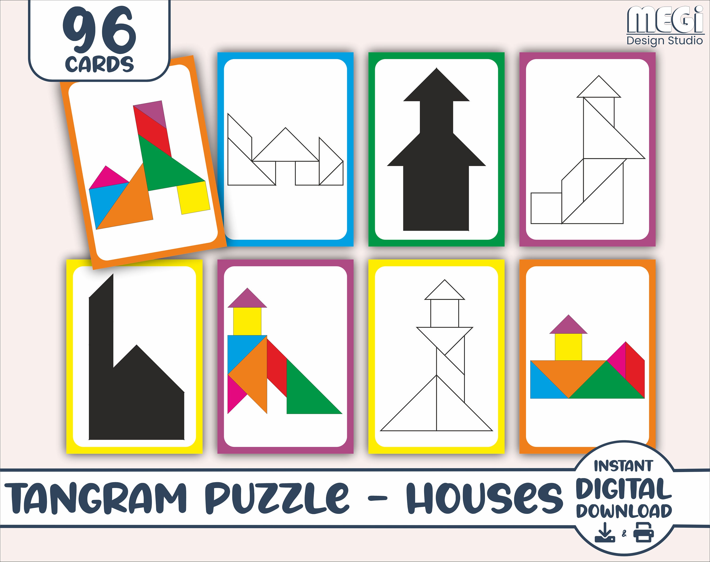 Tangram Set of Houses Puzzle Cards 90 Cards & Free Tangram - Etsy