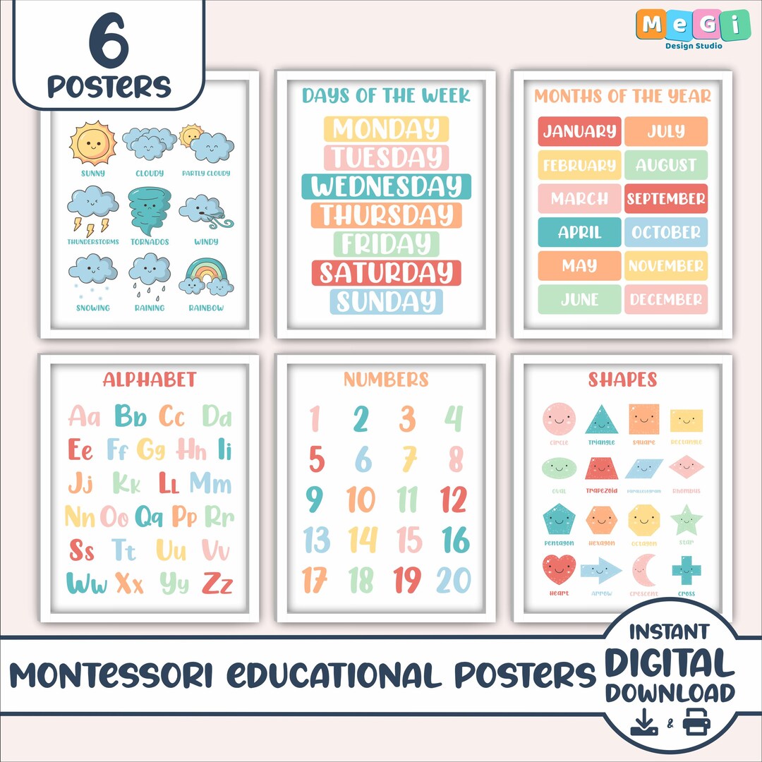Preschool & Kindergarten Learning Posters Set of 6 | Homeschool ...