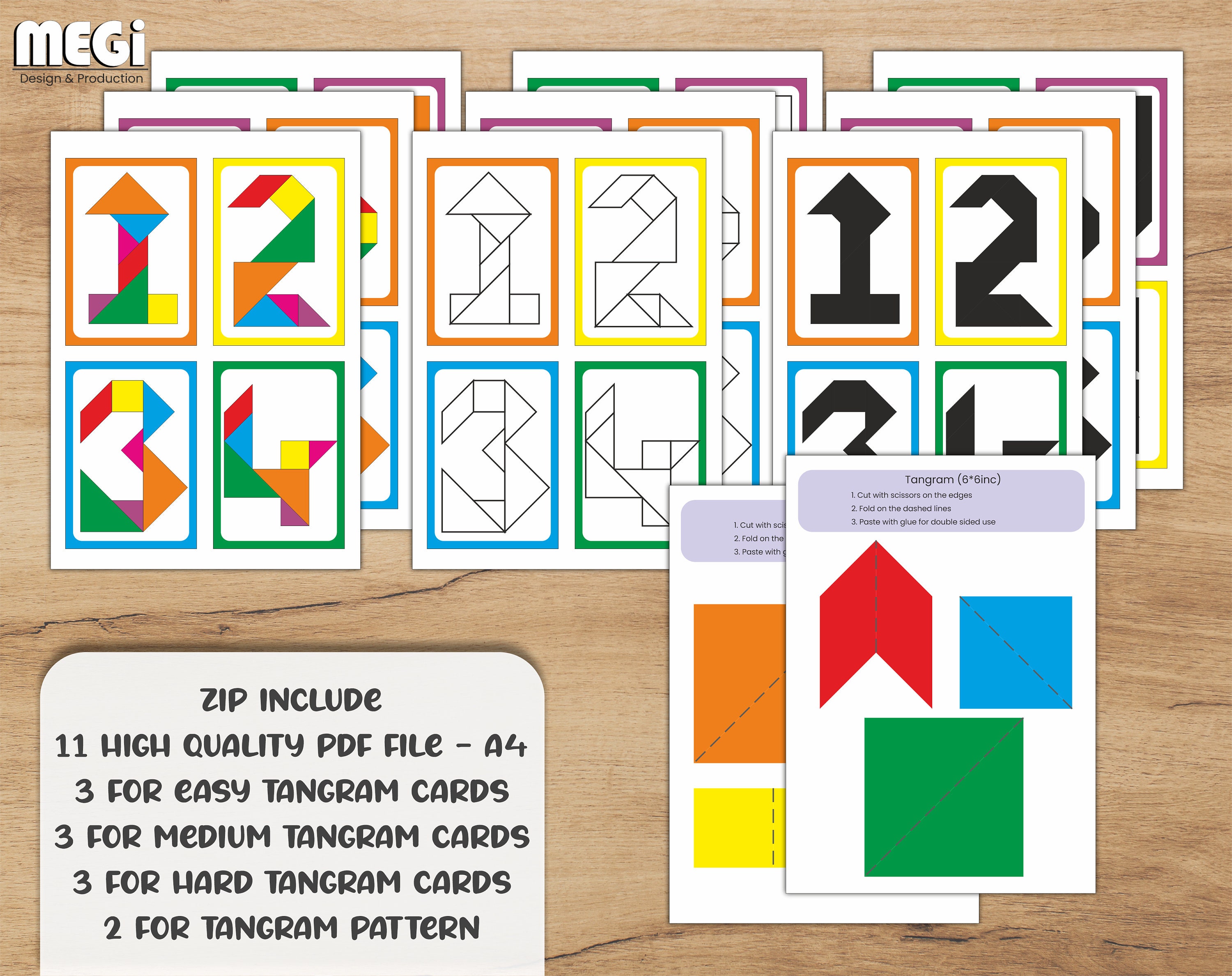 Tangram Numbers Puzzle Cards 36 Cards & Free Tangram Pattern | Etsy