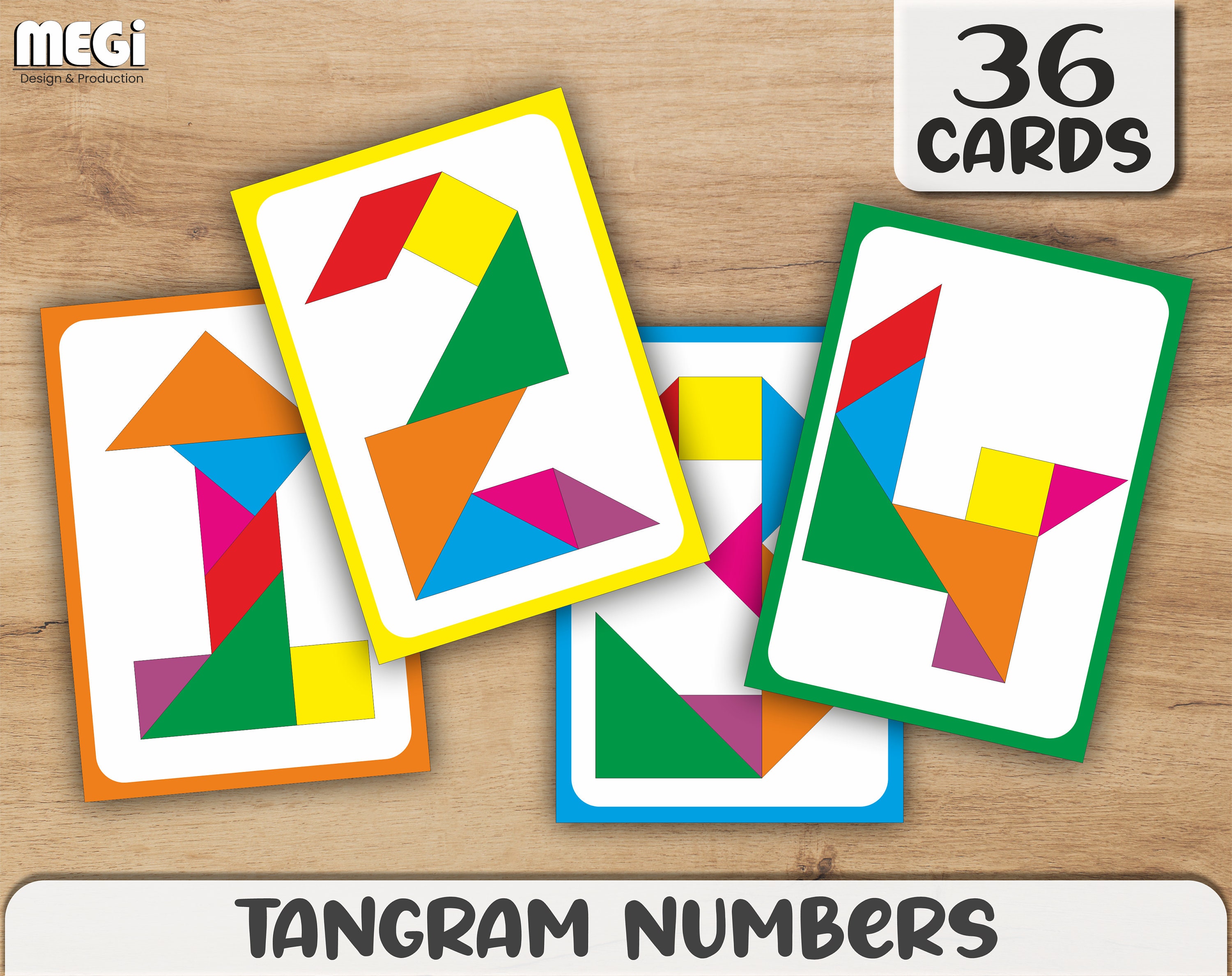 Tangram Numbers Puzzle Cards 36 Cards & Free Tangram Pattern | Etsy