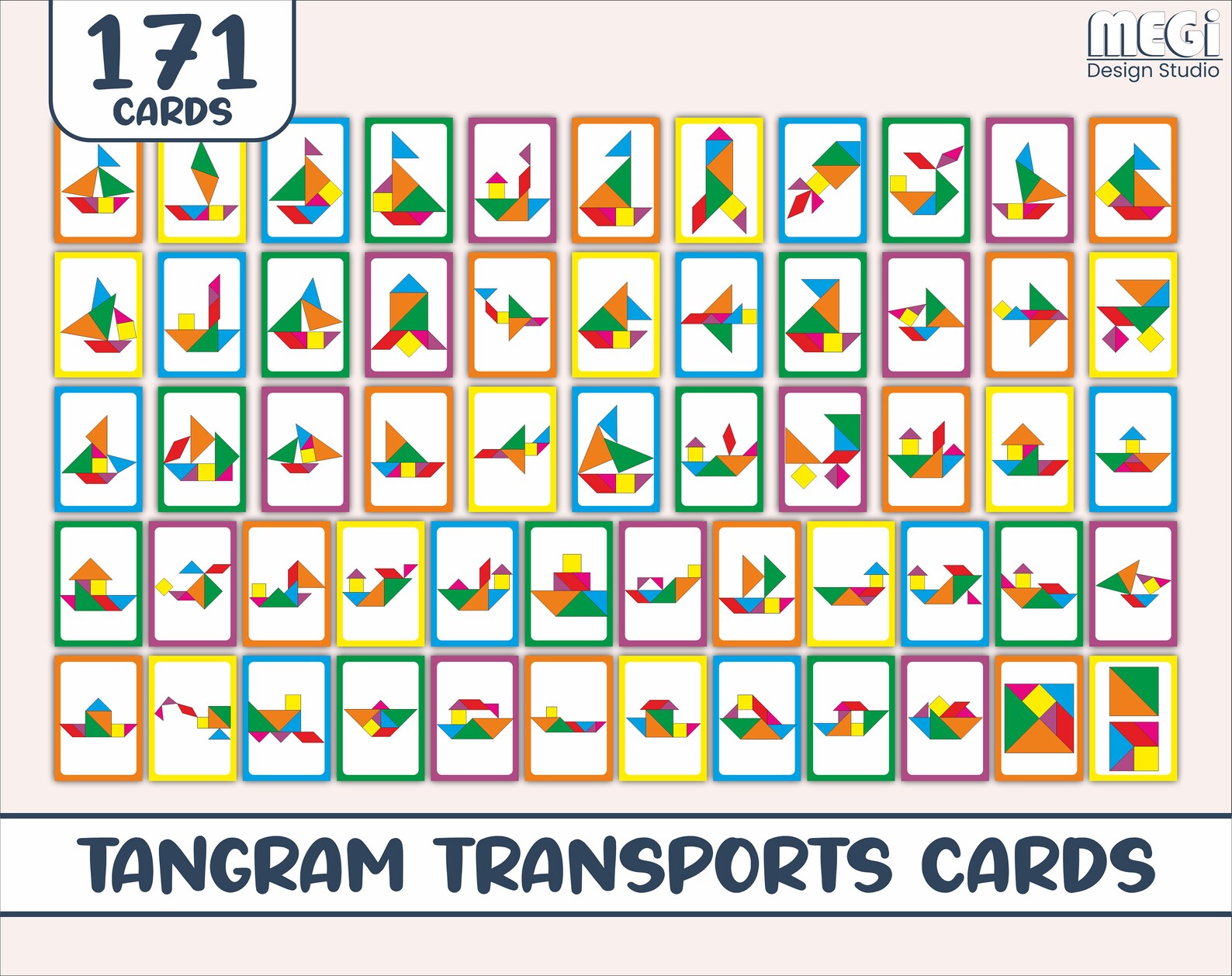 Tangram Set of Transports Puzzle Cards - 170+ Cards & Free Tangram ...