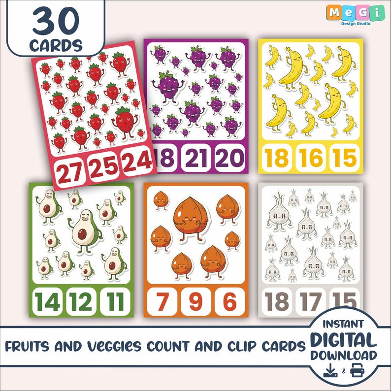 Count and Clip Fruit and Veggies - 1 to 30 Printable Counting Cards ...