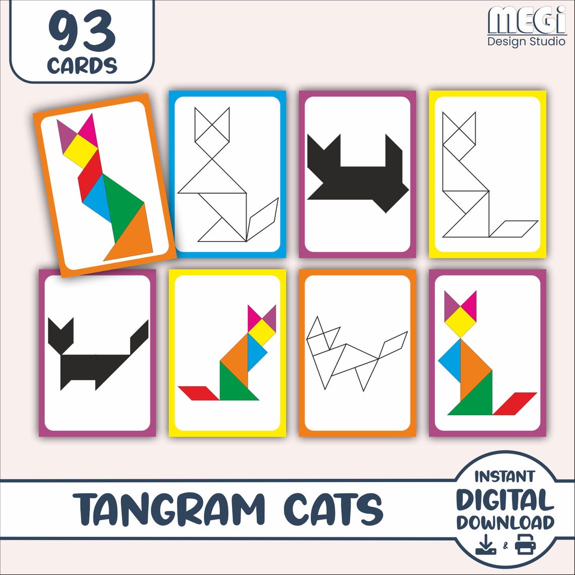 Tangram Set of Cats Puzzle Cards - 90+ Cards & Free Tangram Pattern ...