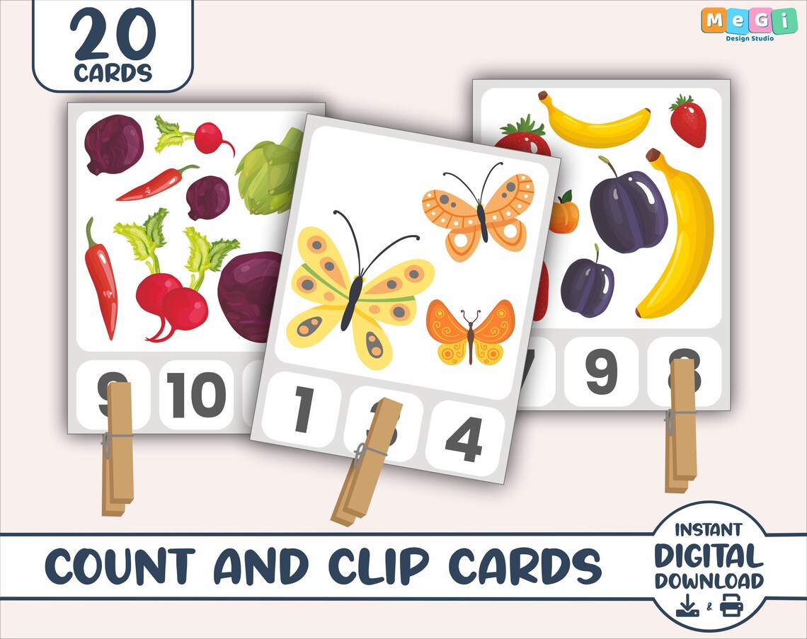 Count and Clip Cards, Printable Math Activity, Counting Flashcards ...