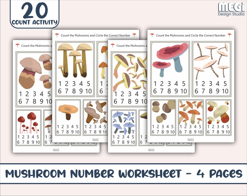 Educational Mushroom Numbers Flashcards and Worksheets Learn - Etsy