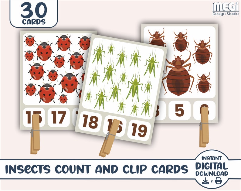 Insects Count and Clip Cards 1 to 30 Printable Counting - Etsy