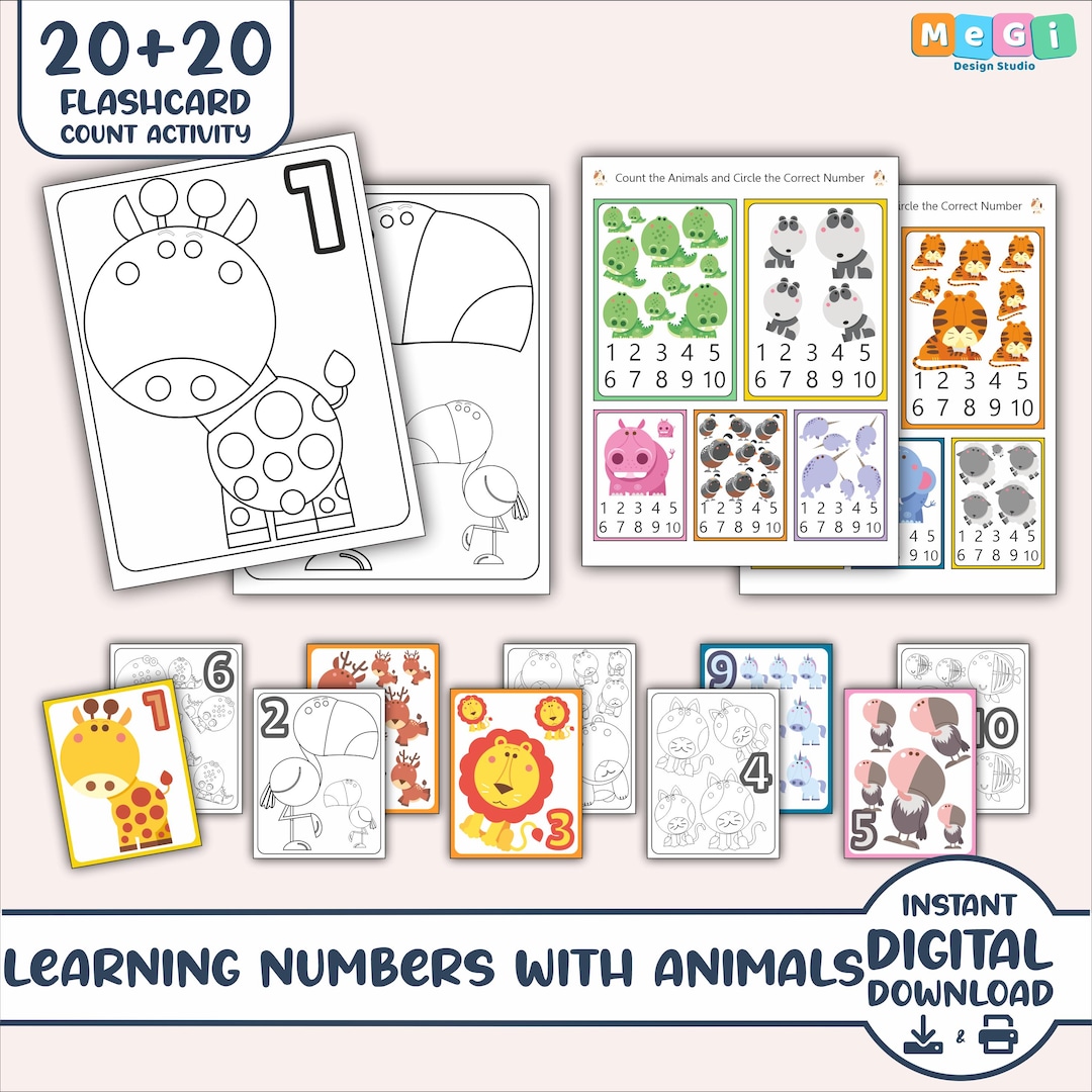 Educational Animal Numbers Flashcards and Worksheets - Learn and Color ...