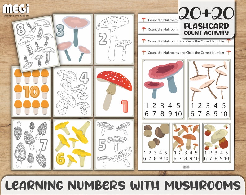 Educational Mushroom Numbers Flashcards and Worksheets Learn | Etsy