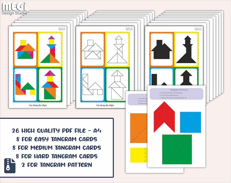 Tangram Set of Houses Puzzle Cards - 90+ Cards & Free Tangram Pattern ...
