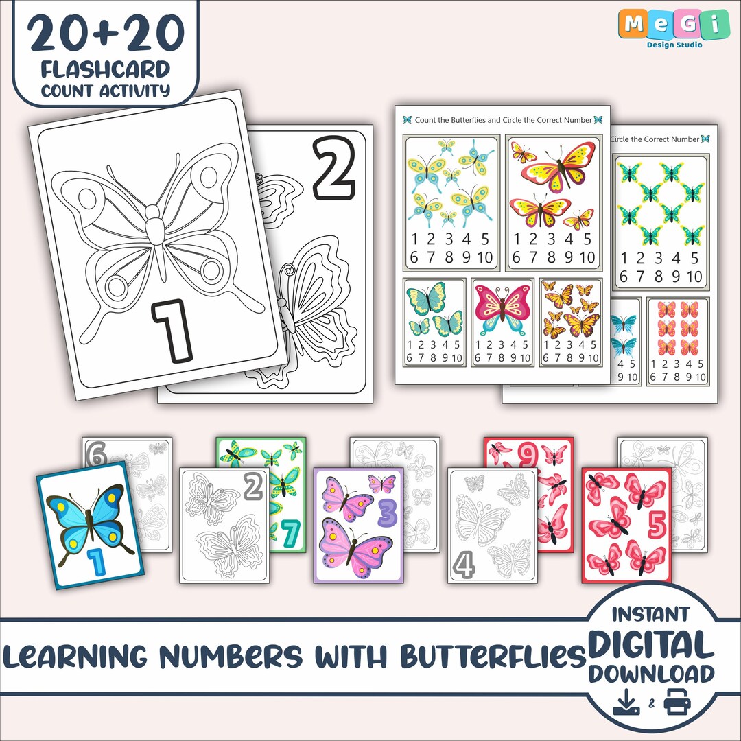 Educational Butterfly Numbers Flashcards and Worksheets - Learn and ...