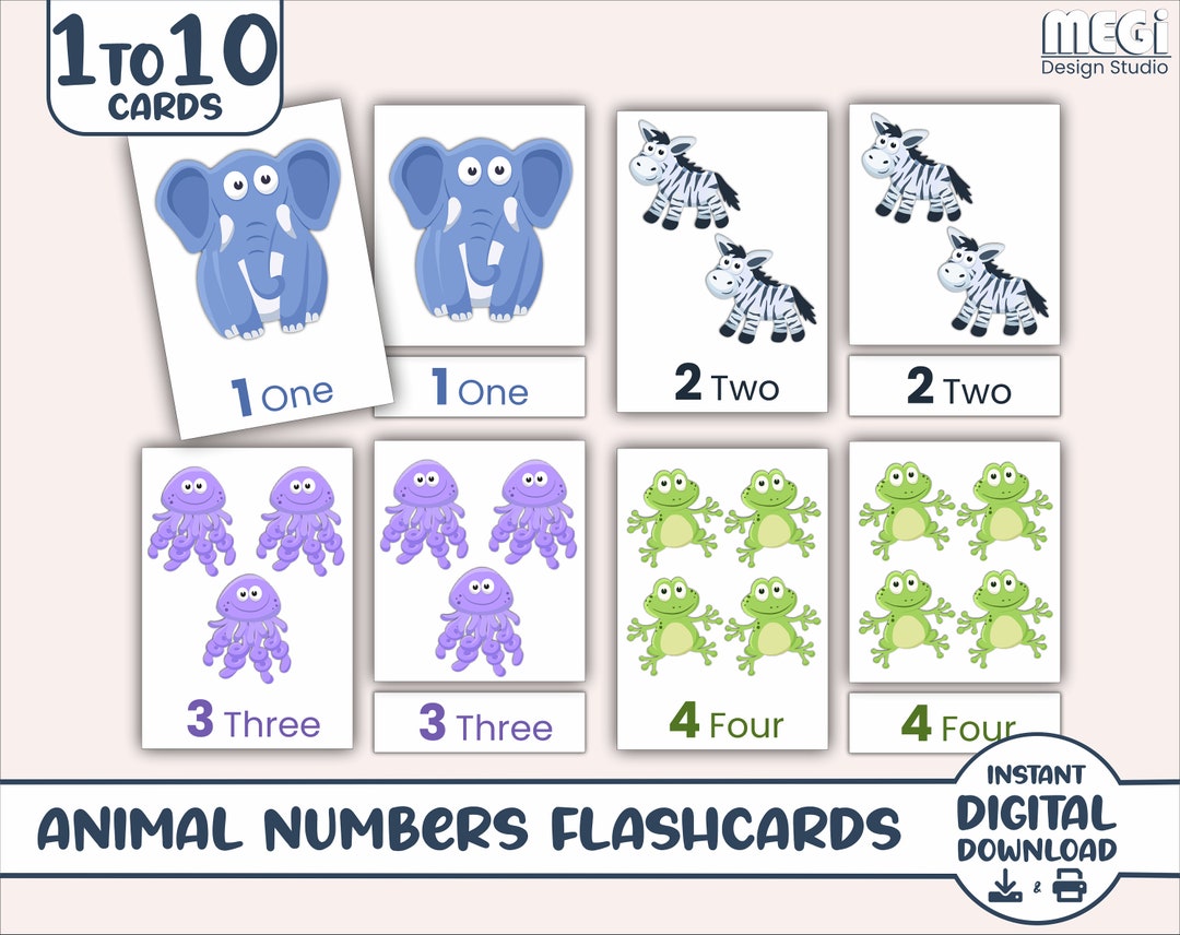Animal Numbers Flashcards Printable Three-part Cards - Etsy UK