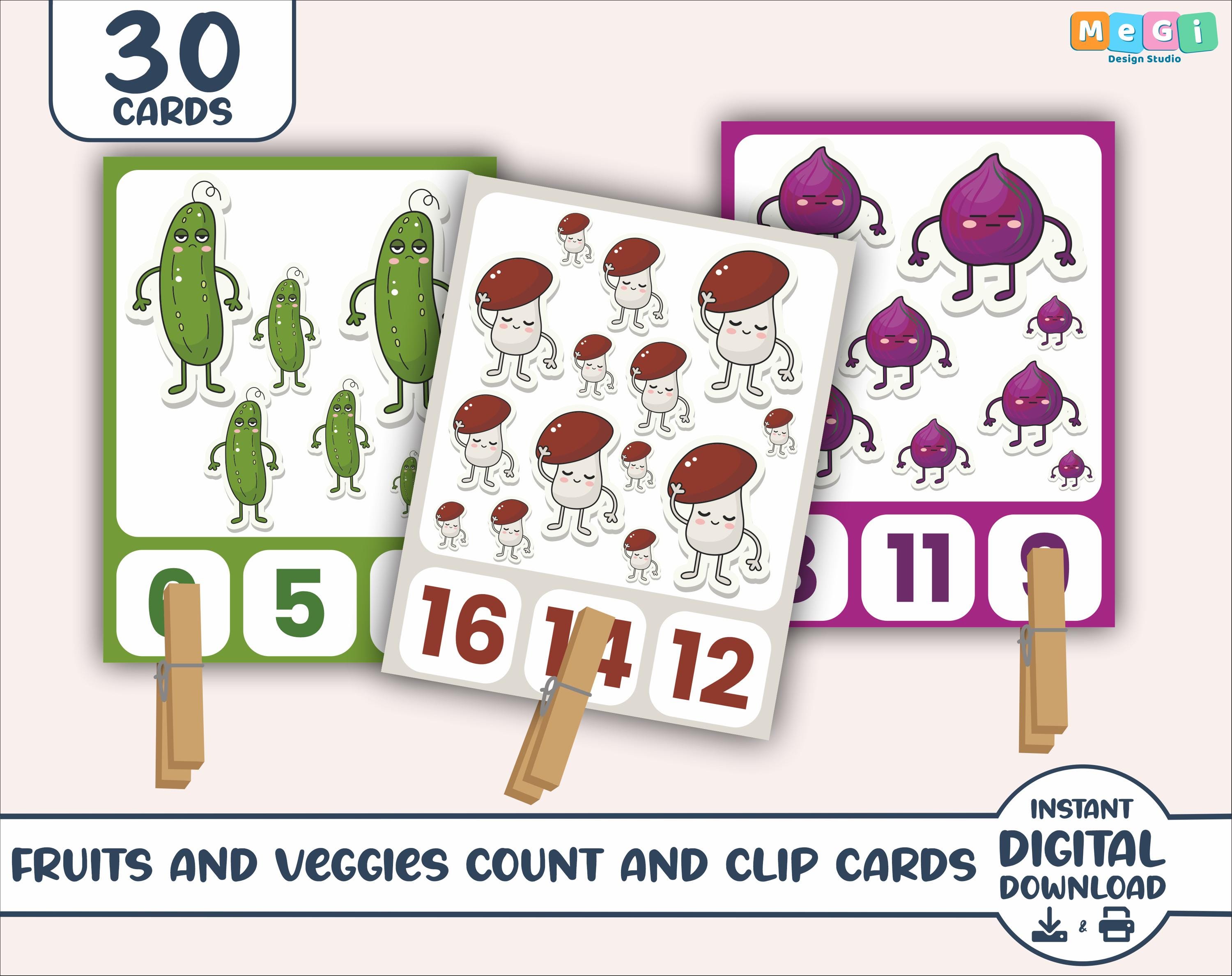 Count and Clip Fruit and Veggies - 1 to 30 Printable Counting Cards ...