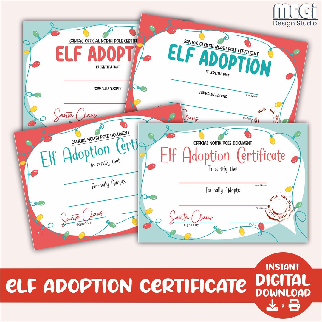 Holiday Elf Certificate - Printable Elf Adoption Stationery - Christmas ...