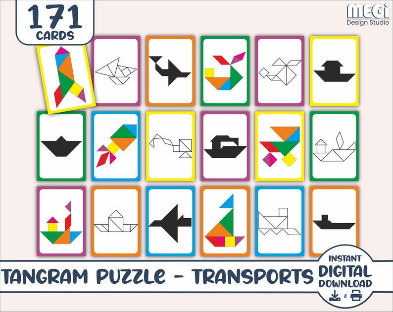 Tangram Set of Transports Puzzle Cards 170 Cards & Free - Etsy
