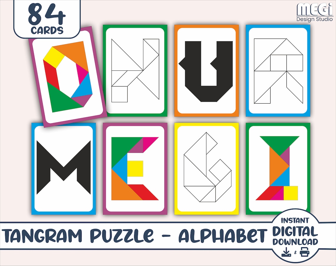 Tangram Alphabet Puzzle Cards - 84 Cards & Free Tangram Pattern ...