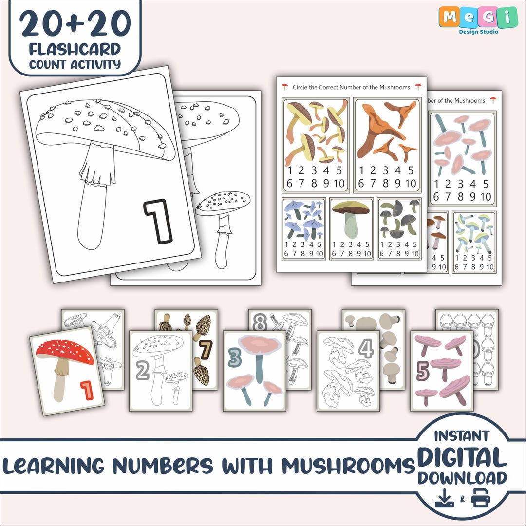 Educational Mushroom Numbers Flashcards and Worksheets - Learn and ...