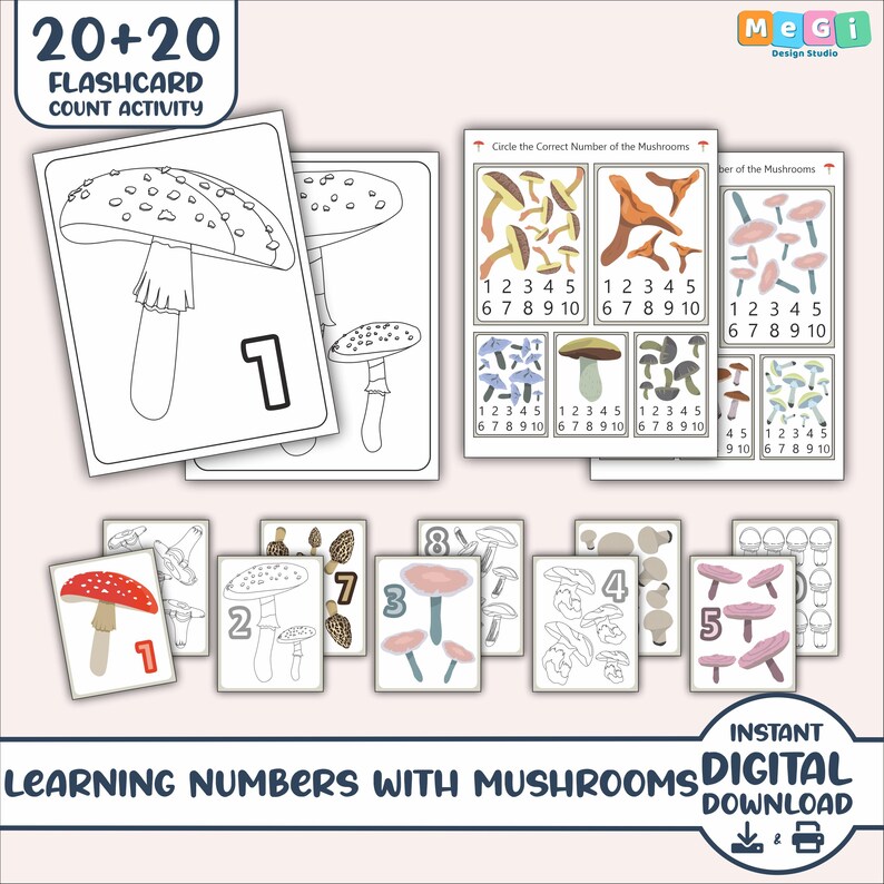 Educational Mushroom Numbers Flashcards and Worksheets - Learn and ...