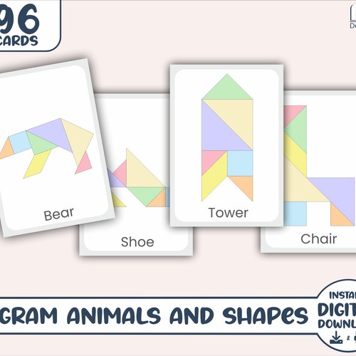 Tangram Animals and Shapes Puzzle Cards 96 Cards & Free - Etsy