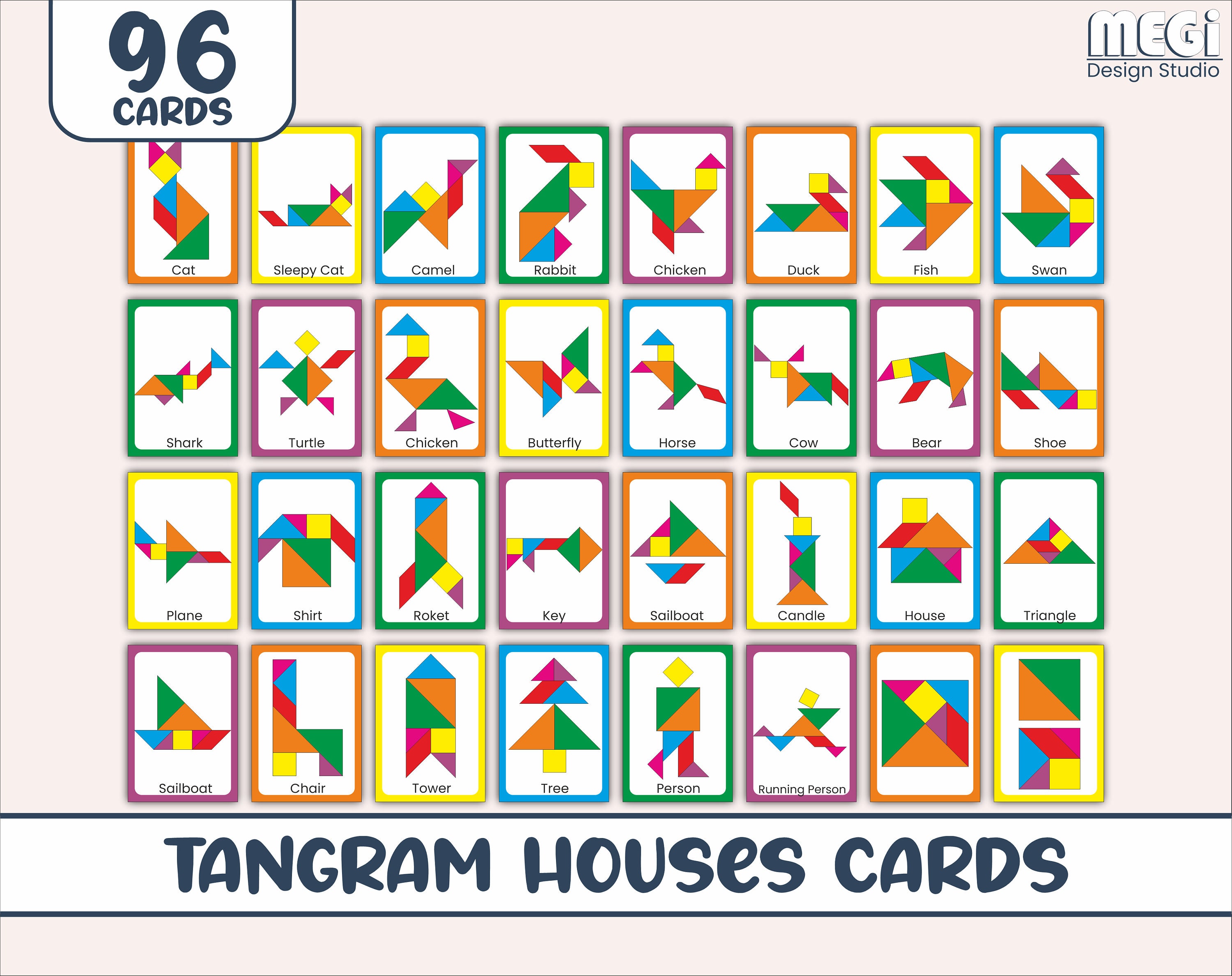 Tangram Set of Houses Puzzle Cards - 90+ Cards & Free Tangram Pattern ...
