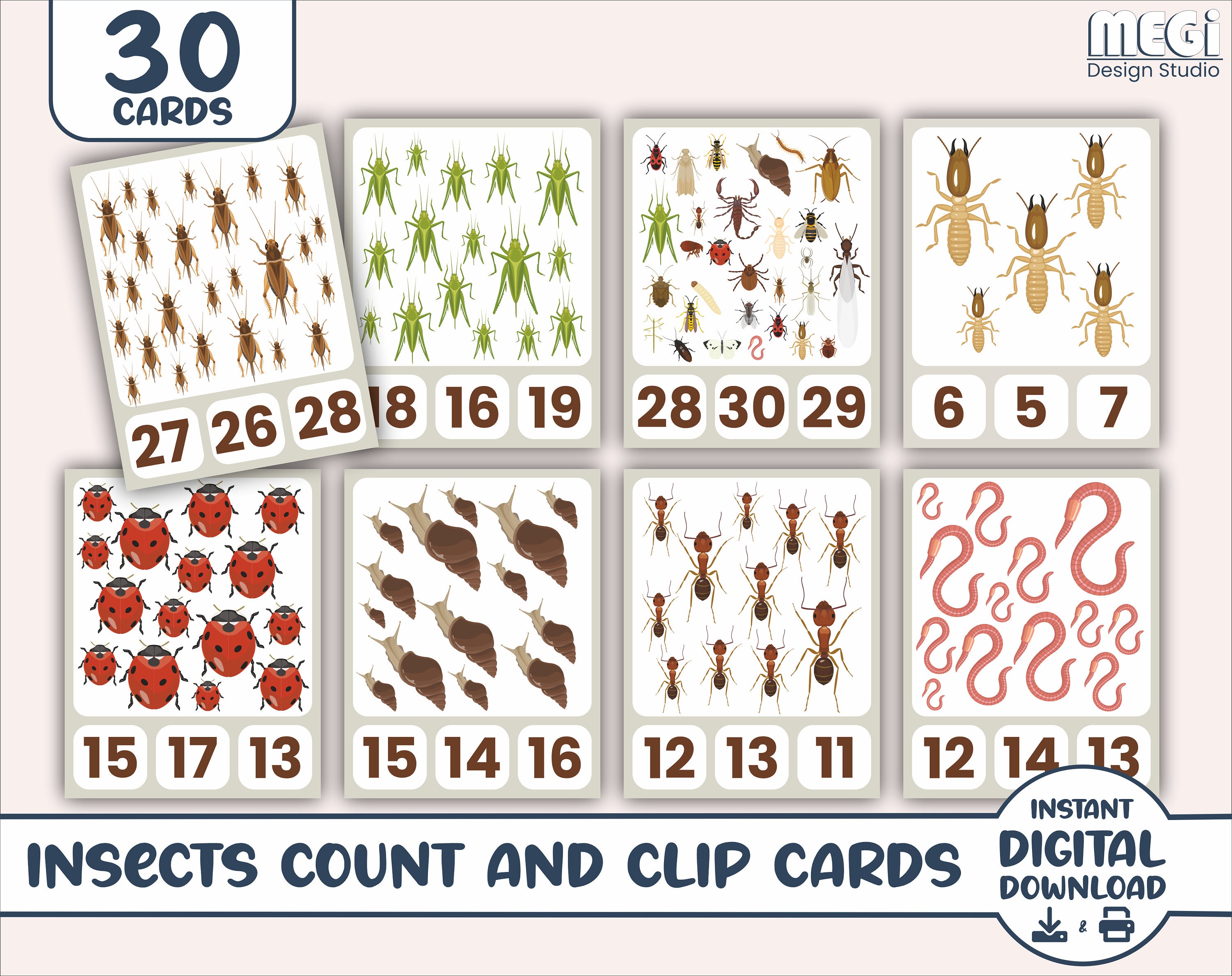 Insects Count and Clip Cards 1 to 30 Printable Counting - Etsy