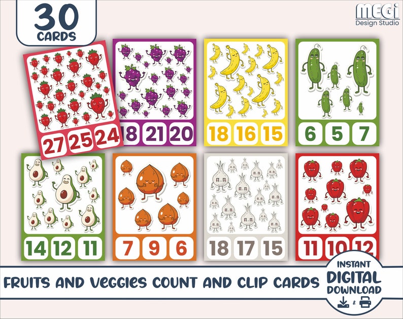 Count and Clip Fruit and Veggies 1 to 30 Printable Counting - Etsy