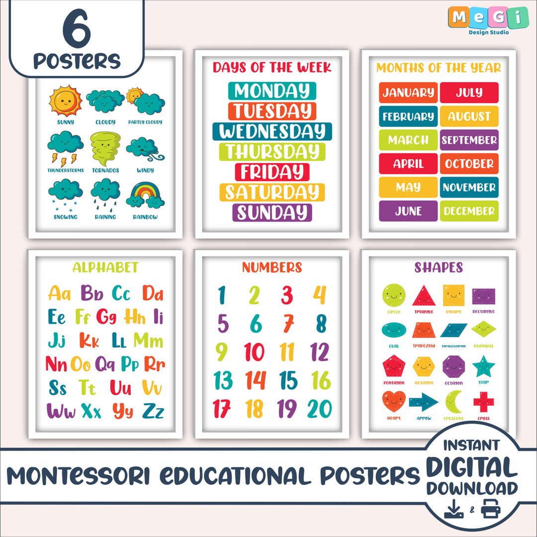 Montessori Educational Posters Set of 6 | Learning Wall Art ...