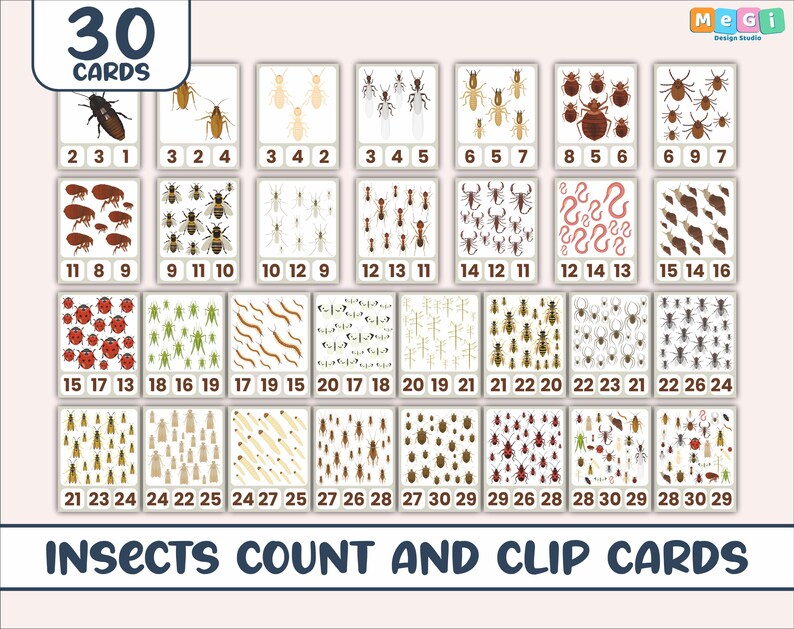 Insects Count and Clip Cards - 1 to 30 Printable Counting Cards ...