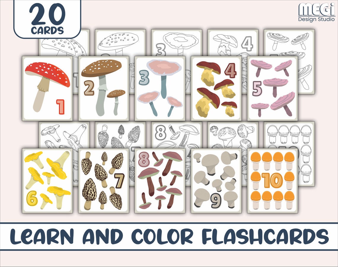 Educational Mushroom Numbers Flashcards and Worksheets Learn - Etsy