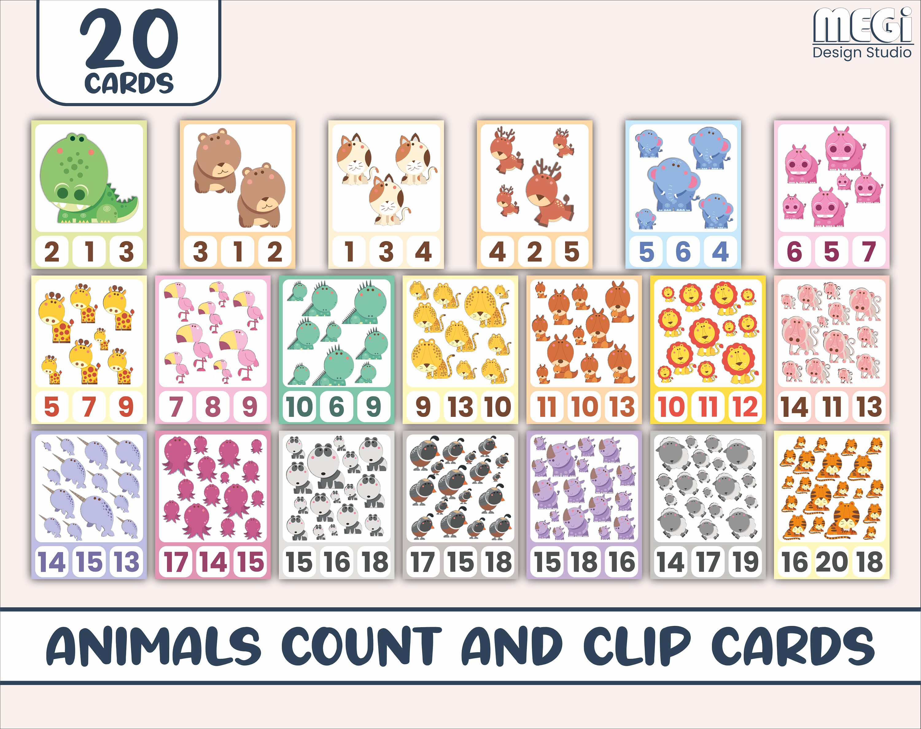 Count and Clip Animal Cards 1 to 20 Counting Cards - Etsy