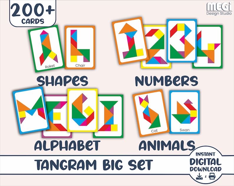 Tangram Big Set 200 Cards and Free Tangram Pattern - Etsy