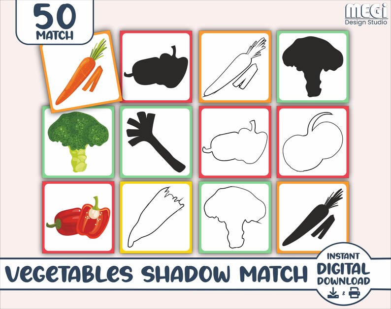 Vegetables Shadow Match Game Printable Homeschool Material - Etsy