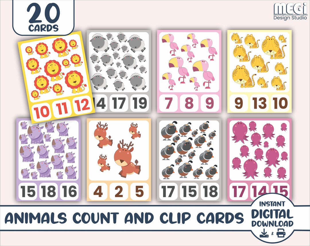 Count and Clip Animal Cards 1 to 20 Counting Cards - Etsy