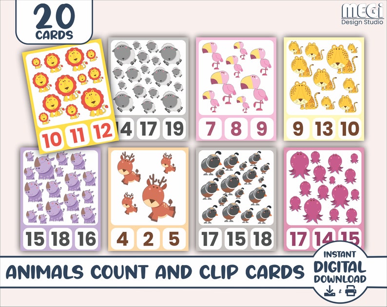 Count and Clip Animal Cards 1 to 20 Counting Cards - Etsy