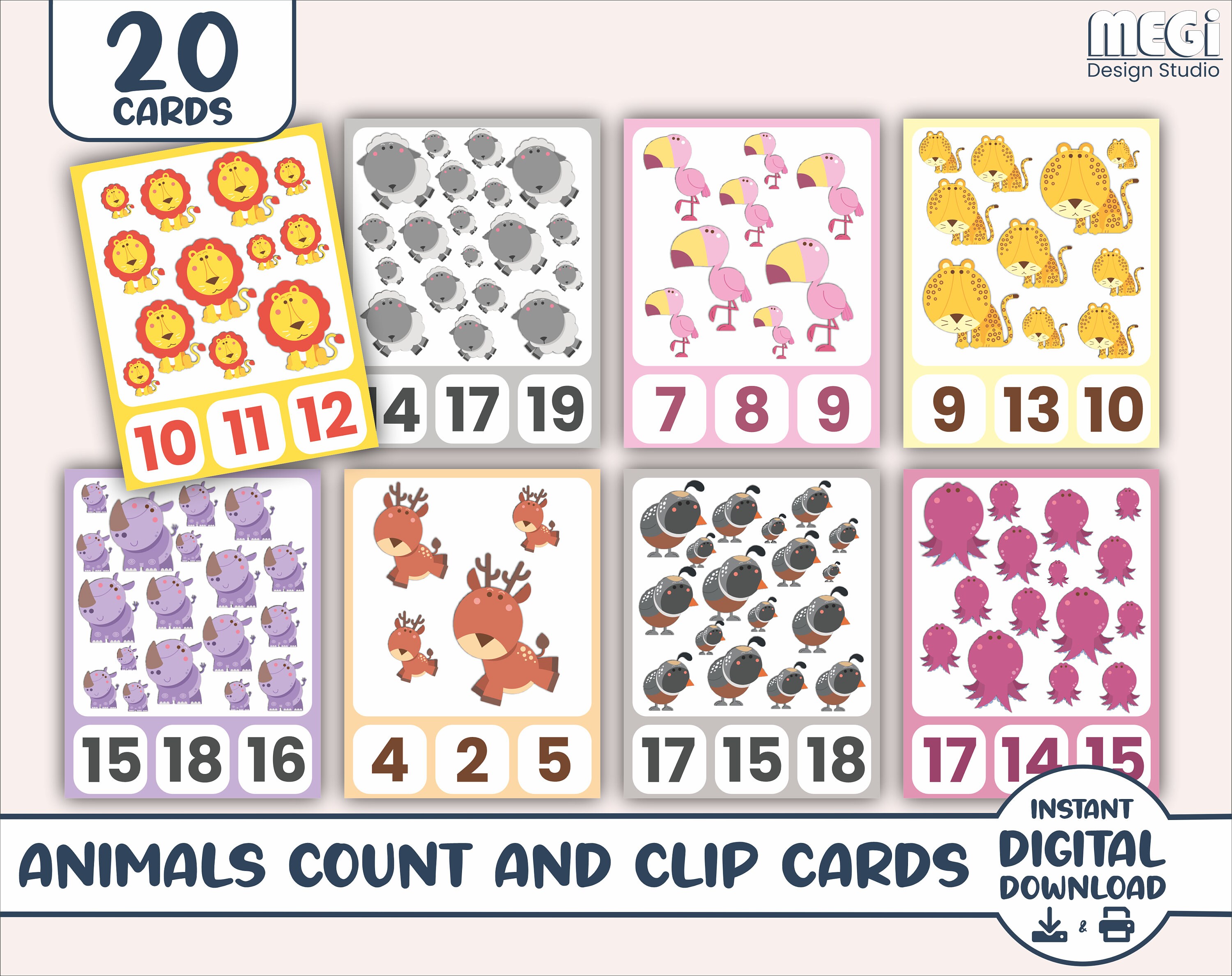 Count and Clip Animal Cards 1 to 20 Counting Cards - Etsy