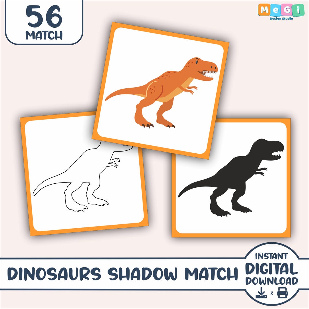 Dinosaurs Shadow Match Game - 28 Dinosaur 56 Match - Printable Toddler ...