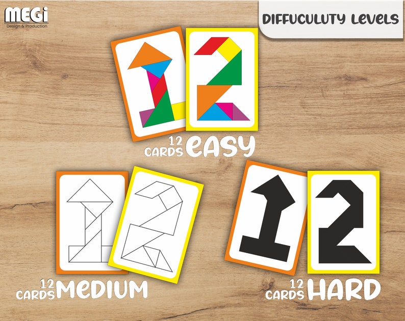 Tangram Numbers Puzzle Cards 36 Cards & Free Tangram Pattern | Etsy