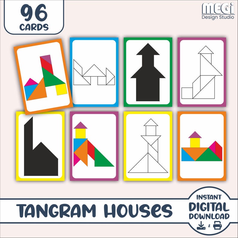 Tangram Set of Houses Puzzle Cards - 90+ Cards & Free Tangram Pattern ...